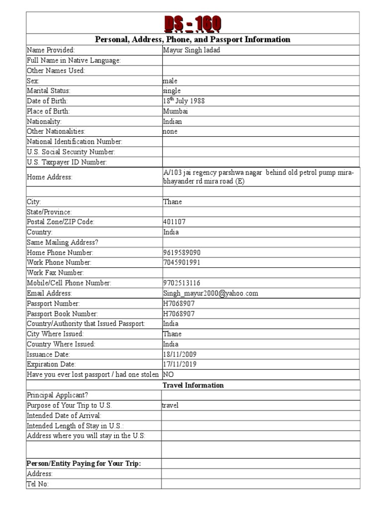 Usa DS-160 Visa Form | PDF | Zip Code | Travel Visa
