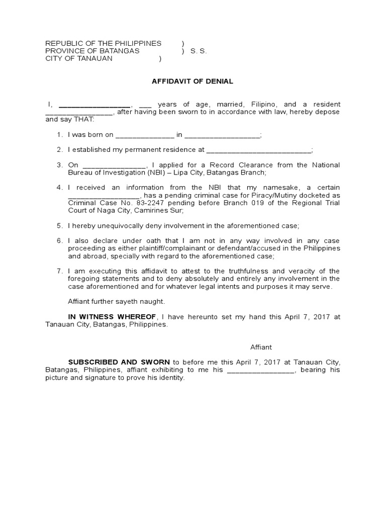 Affidavit of Denial Template | PDF