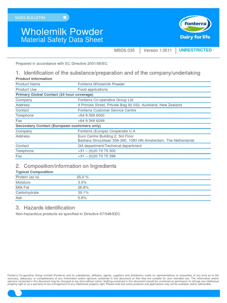 Fonterra Wholemilk Powder MSDS | PDF