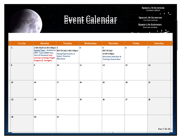 SLSSI 2010 Event Calendar | PDF | Astronautics | Human Spaceflight