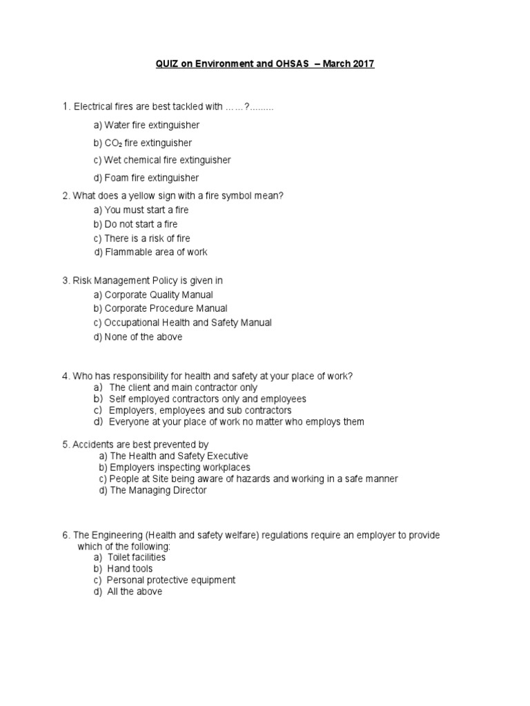 QUIZ On Environment and OHSAS-2017 | PDF | Occupational Safety And ...