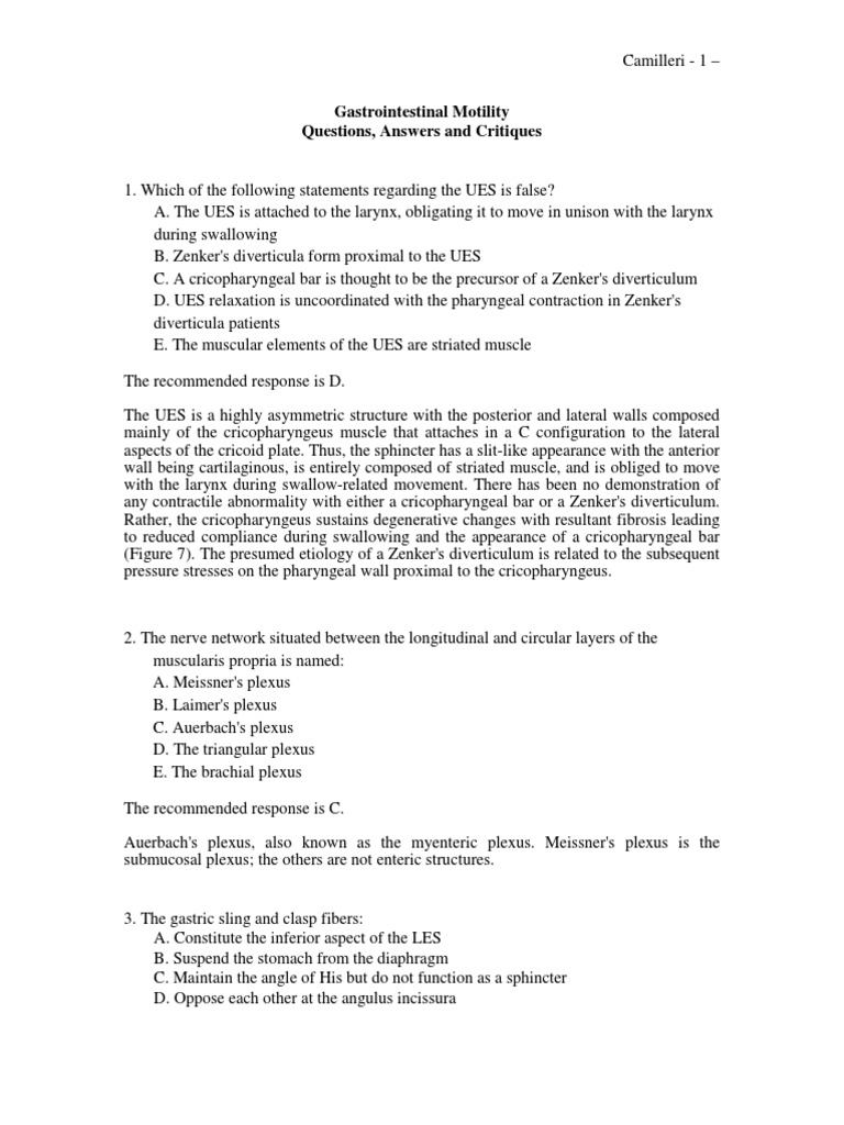 Gastrointestinal Motility Questions, Answers and Critiques | PDF