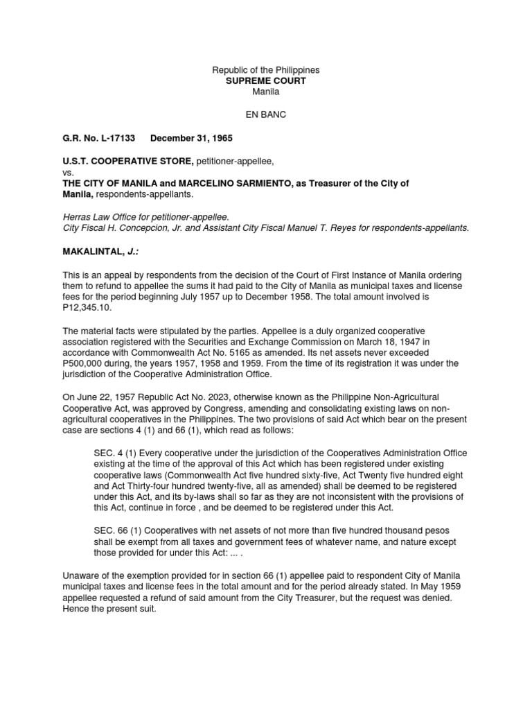 UST Coop v. City of Manila (1965) | Appeal | Taxes | Free 30-day Trial ...