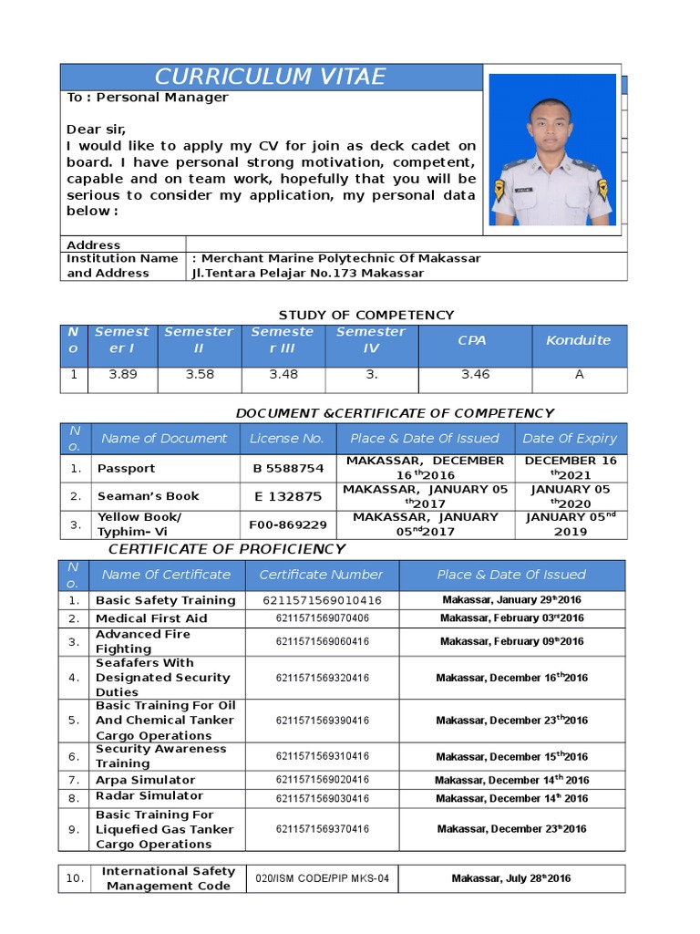 CV For Join As Deck Cadet On Board | PDF | Water Transport | Shipping
