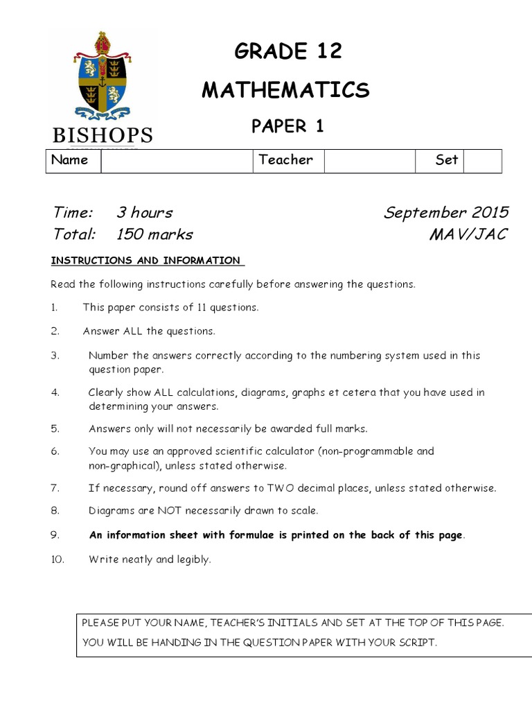 G12 Mock P1 2015 | PDF | Quadratic Equation | Equations