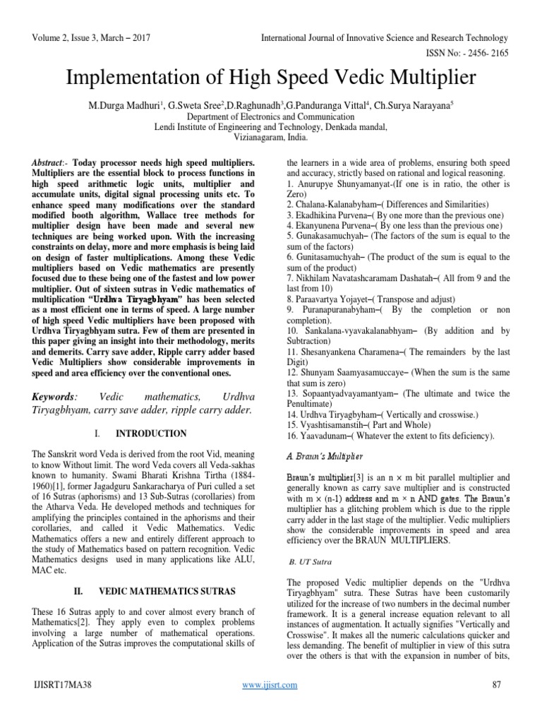 Implementation of High Speed Vedic Multiplier | PDF | Arithmetic | Digital Electronics