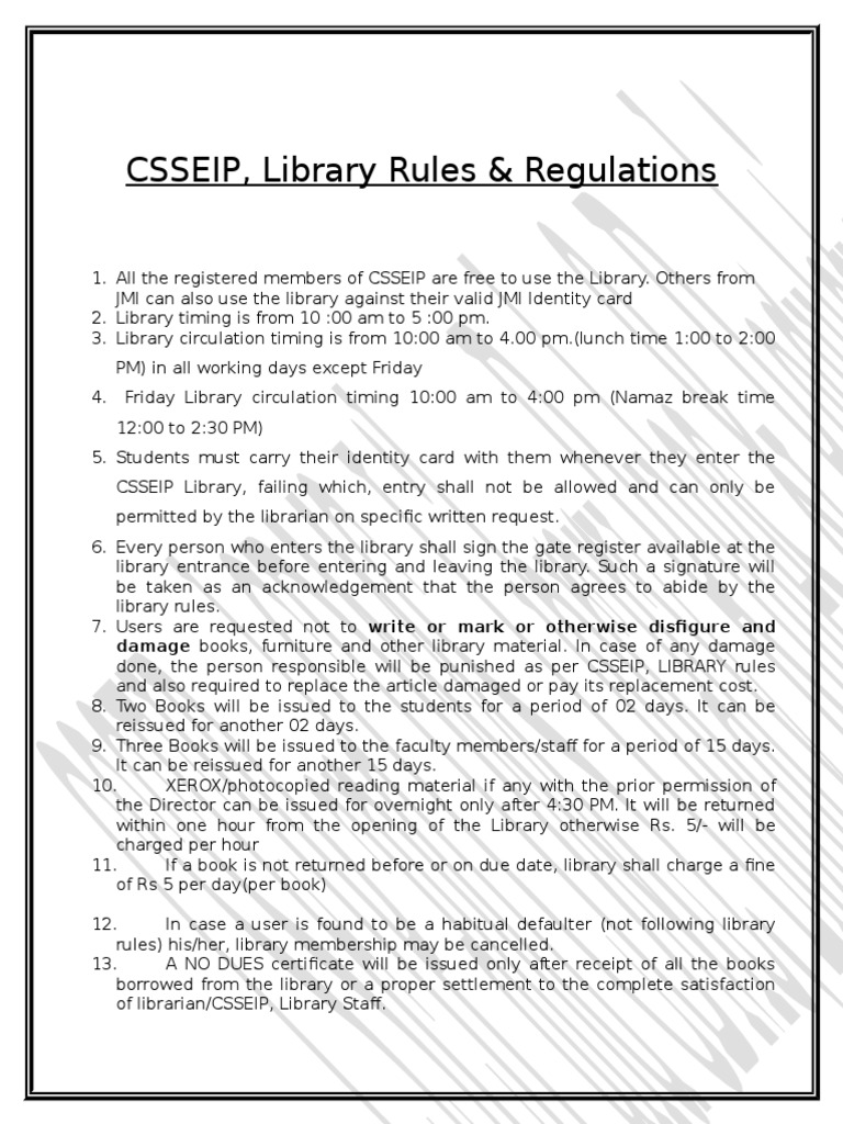 CSSEIP Library Rules & Regulations | PDF | Librarian | Libraries