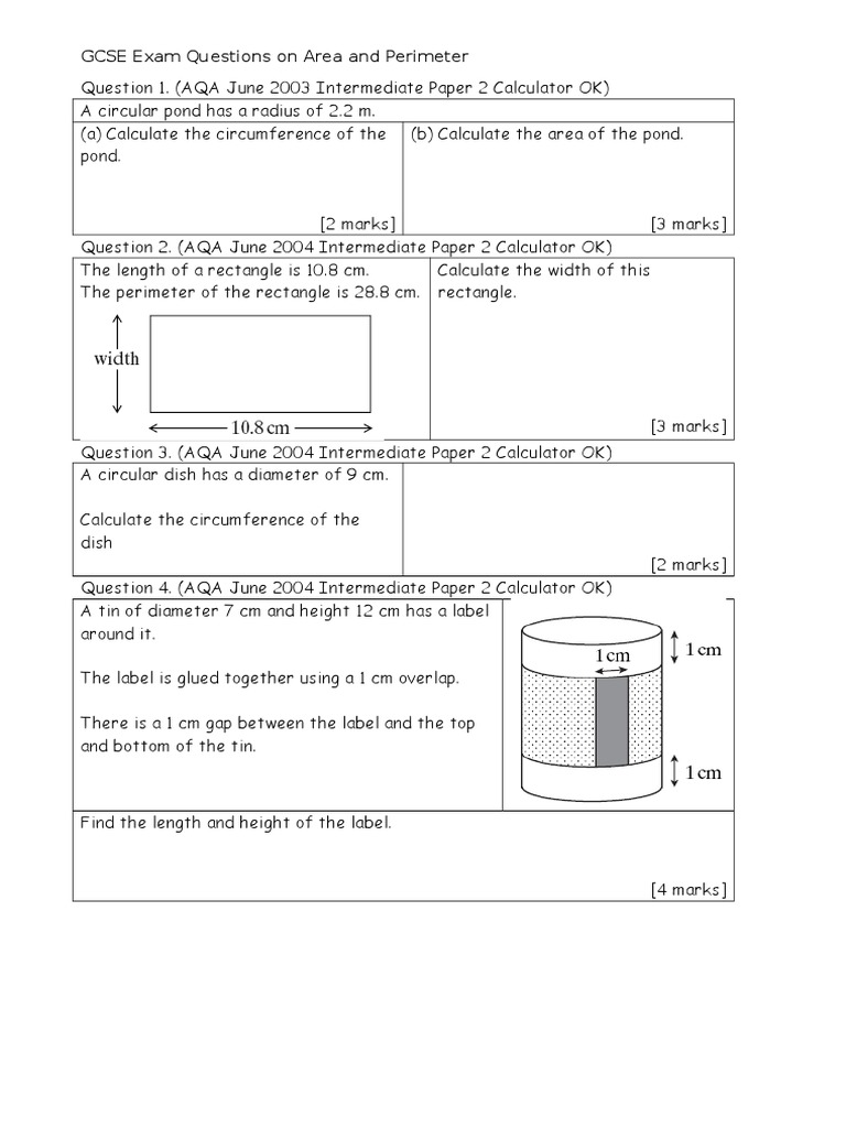 Gcse Exam Questions on Area and Perimeter 1 | Area | Sphere