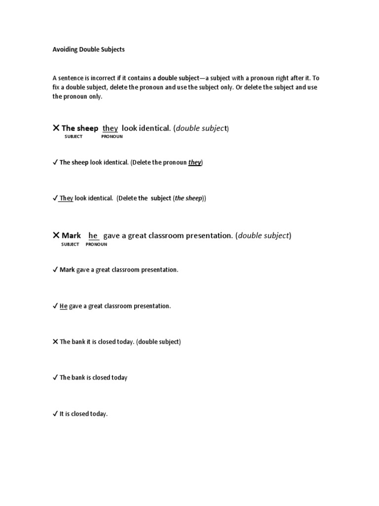 Eliminating Double Subjects in Sentences | PDF