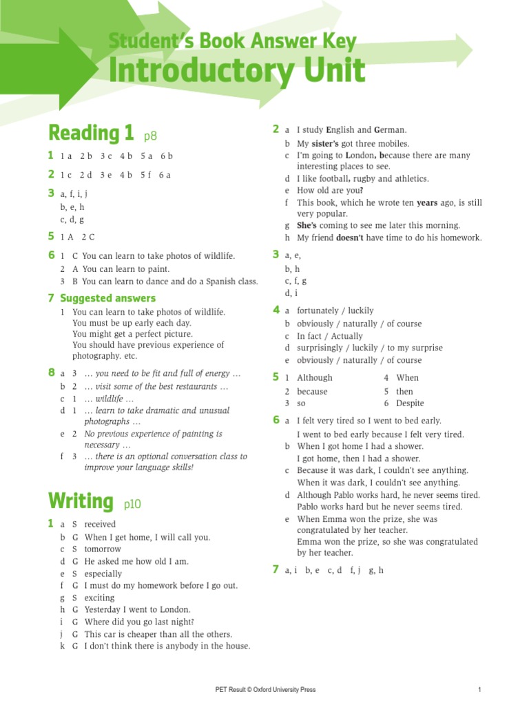 Students Book Answer Key - B1 PET Student Book | PDF | Teachers | Classroom