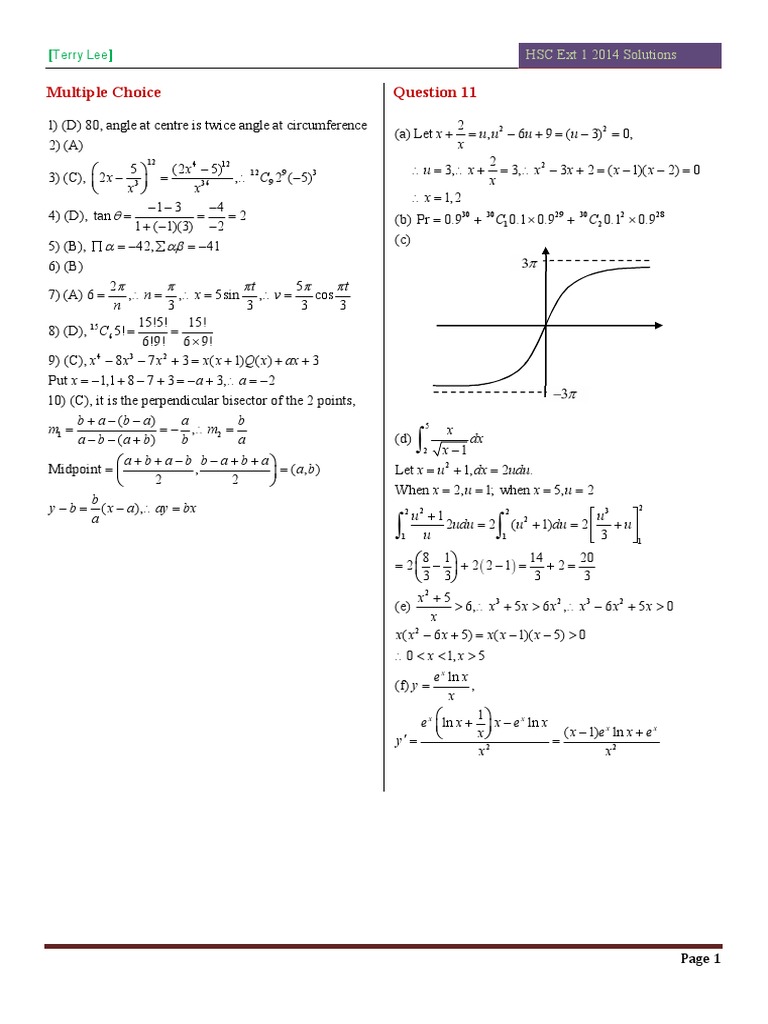Maths Ext 1 2014 Terry Lee's Solutions | PDF | Differential Geometry ...