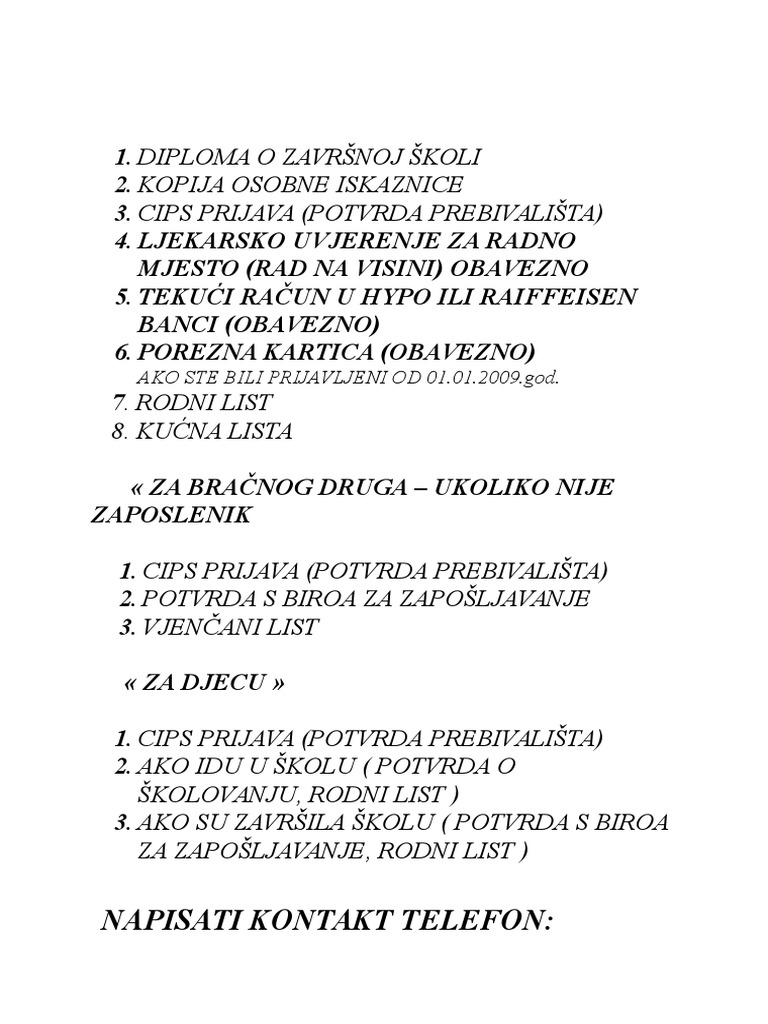 Potrebna Dokumentacija Za Prijavu | PDF