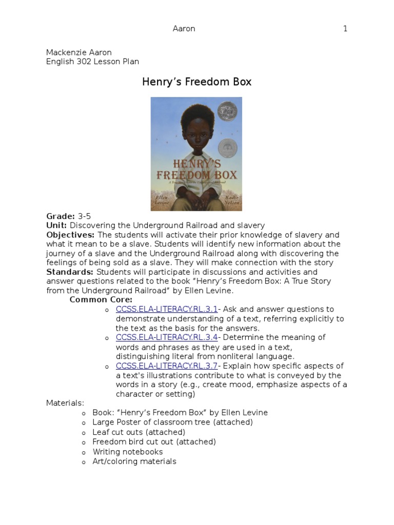 Henrys Freedom Box Lesson Plan | PDF | Underground Railroad | Slavery ...