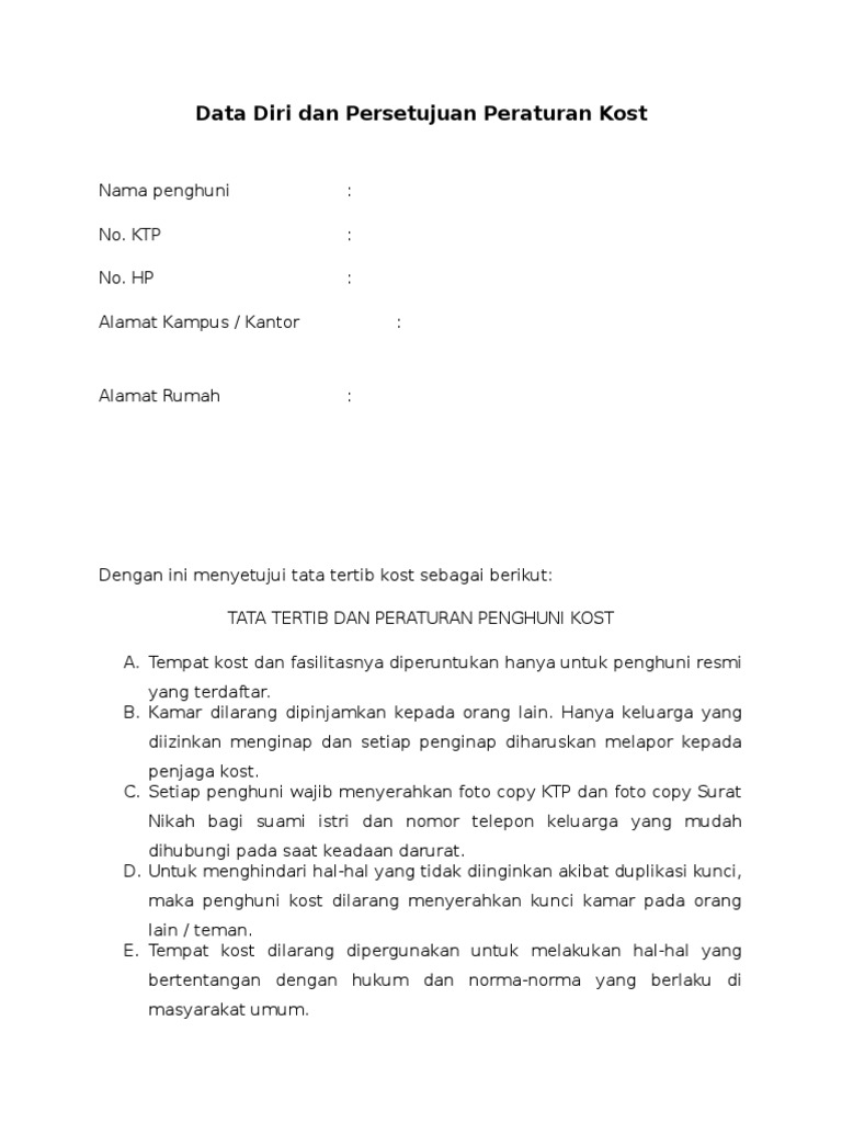 Tata Tertib Dan Peraturan Penghuni Kost | PDF