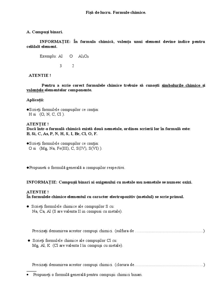 Fişă de Lucru Formule Chimice | PDF
