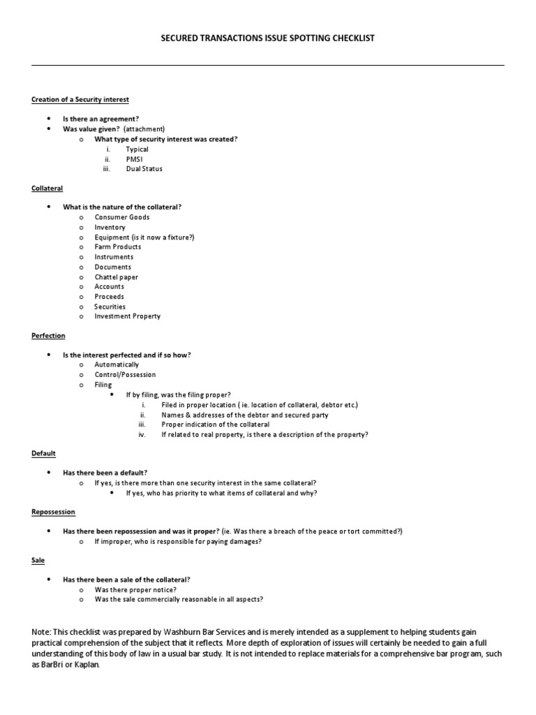 Secured Transactions Issue Spotting Guide | PDF