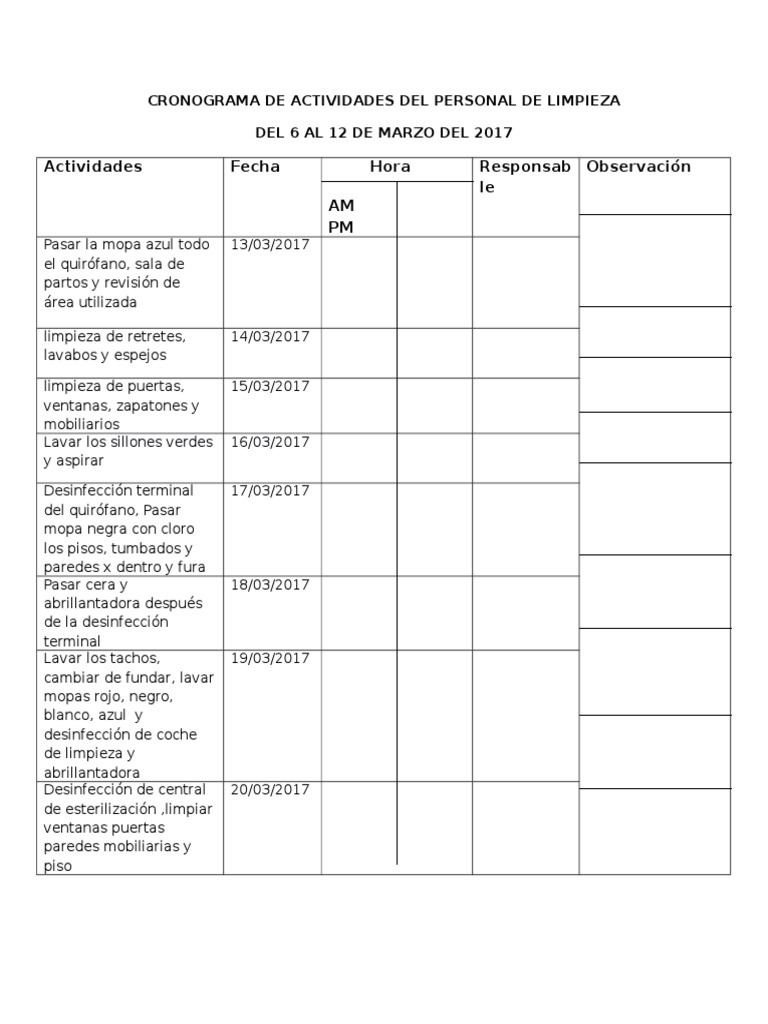 Cronograma de Limpieza | PDF
