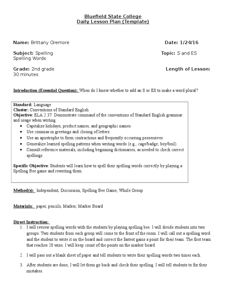 2nd Grade Spelling Lesson Plan | PDF | Spelling | English Language
