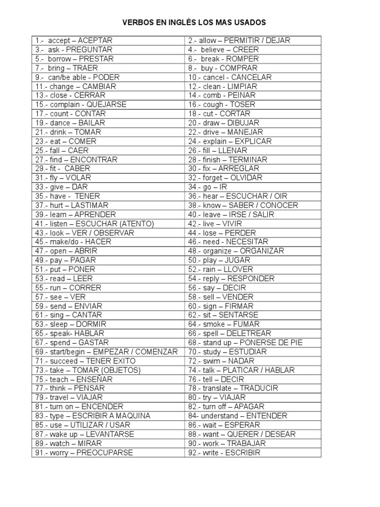 Verbos en Ingles Los Mas Usados, Impreso | PDF