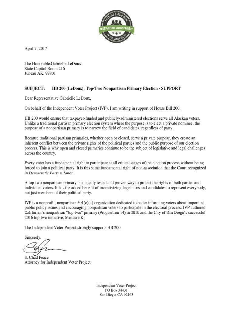 Independent Voter Project Letter of Support: Alaska Nonpartisan Top-Two ...