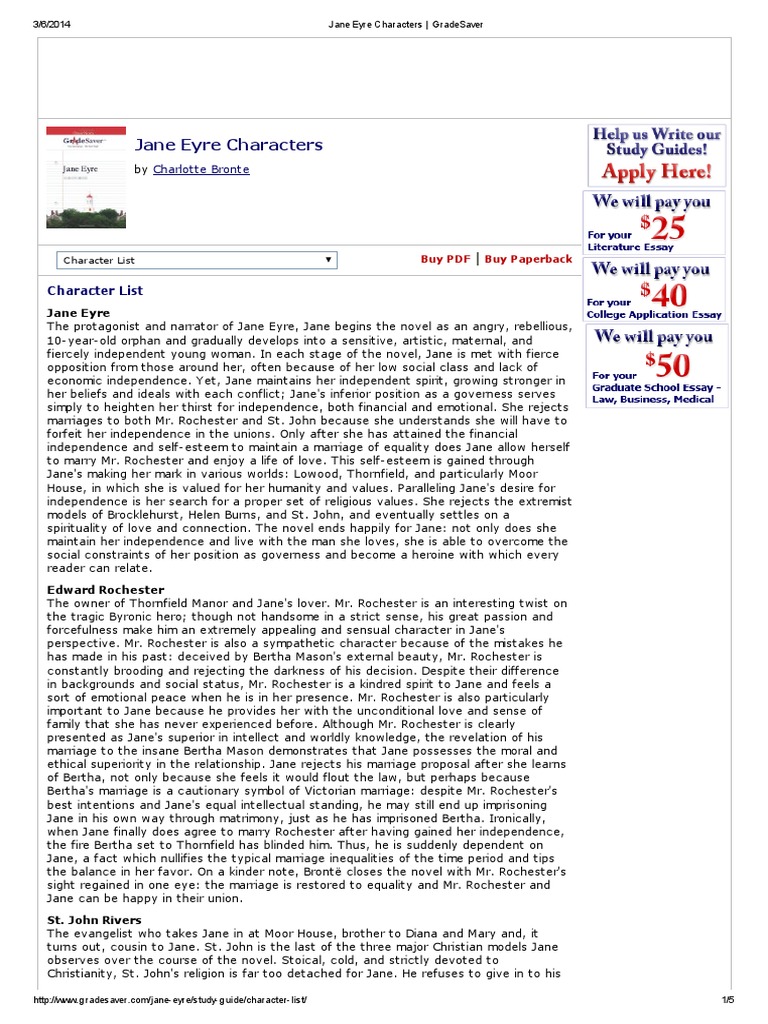 Jane Eyre Characters - GradeSaver | PDF | Jane Eyre | Religion And Belief