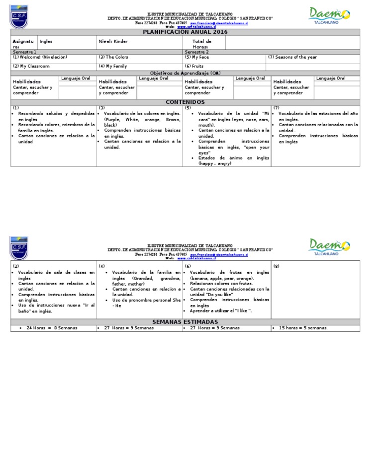 Planificación-Anual Inglés Kinder | PDF | Entretenimiento (general ...