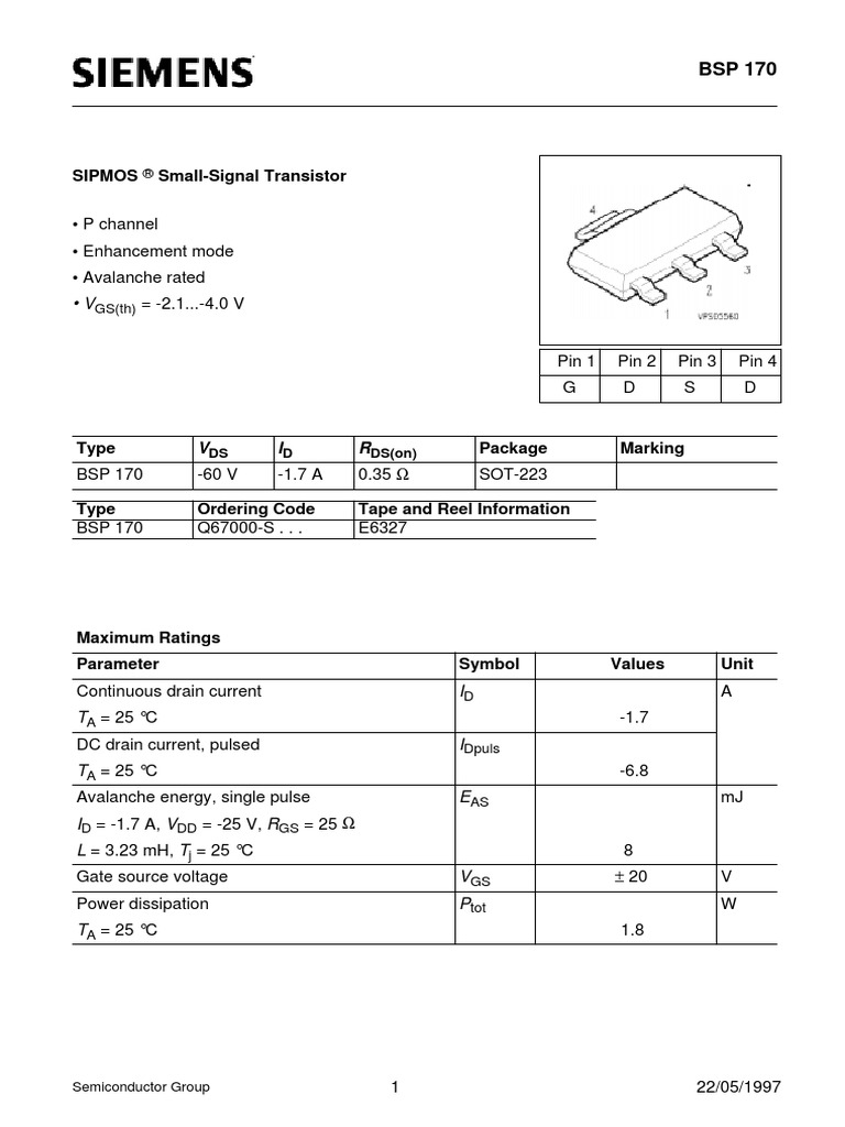 BSP 170 | PDF | Field Effect Transistor | Transistor