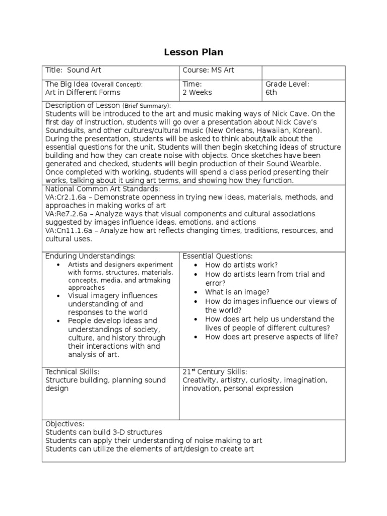 Nick Cave Lesson Plan | PDF | Creativity | Lesson Plan