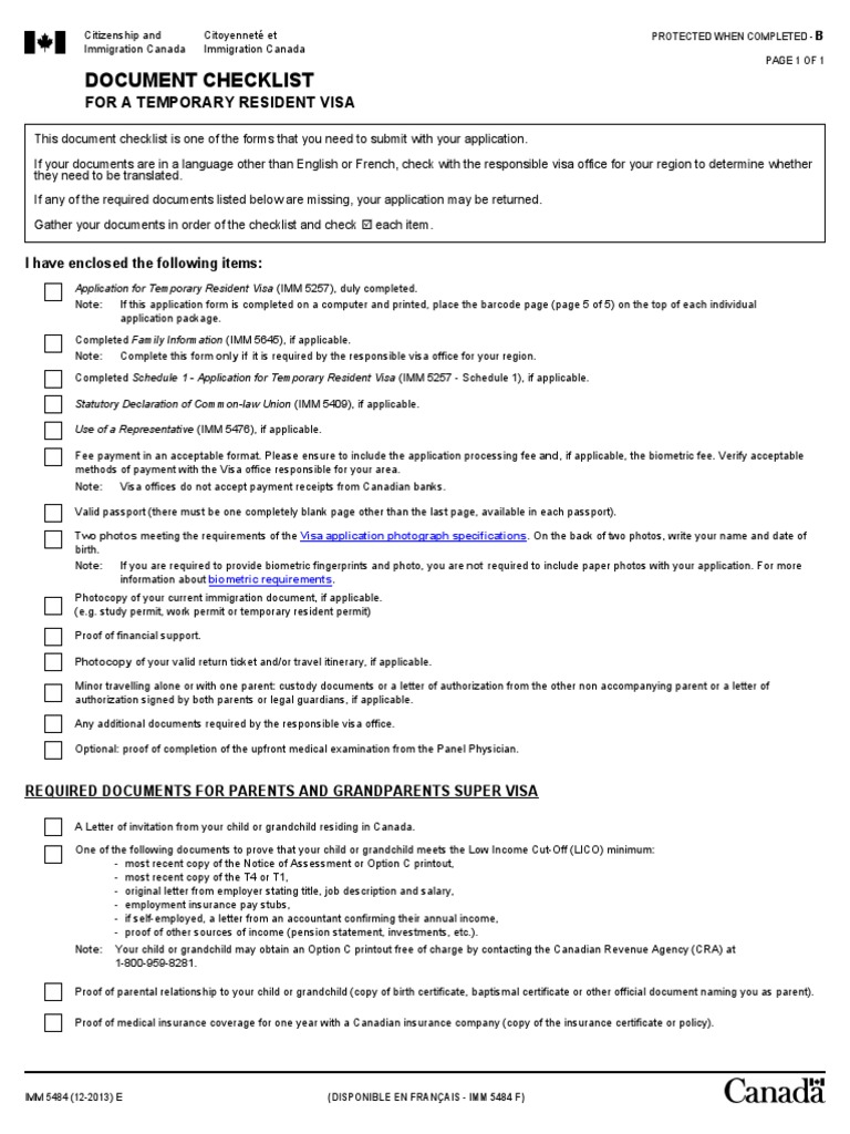 Document Checklist for a Temporary Resident Visa Application and ...