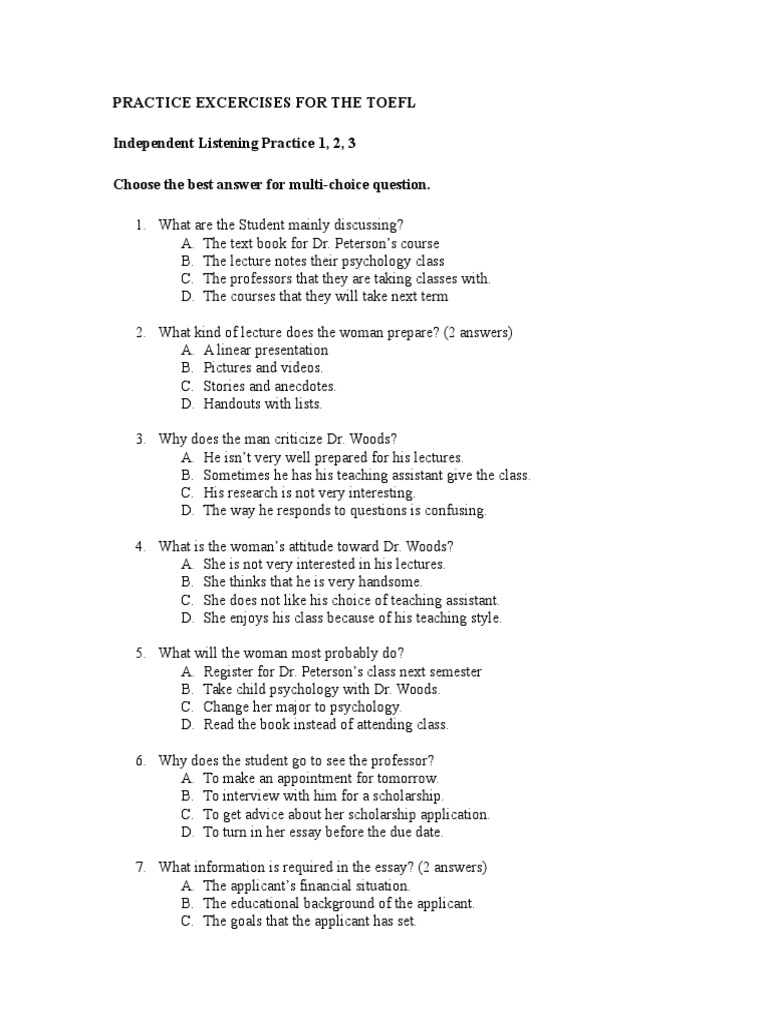 TOEFL Listening Practice Exercises | PDF | Lecture | Question