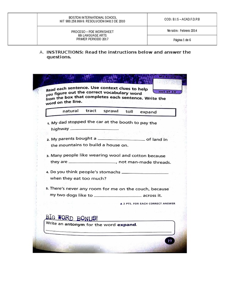 6th Grade Pde Worksheet | PDF