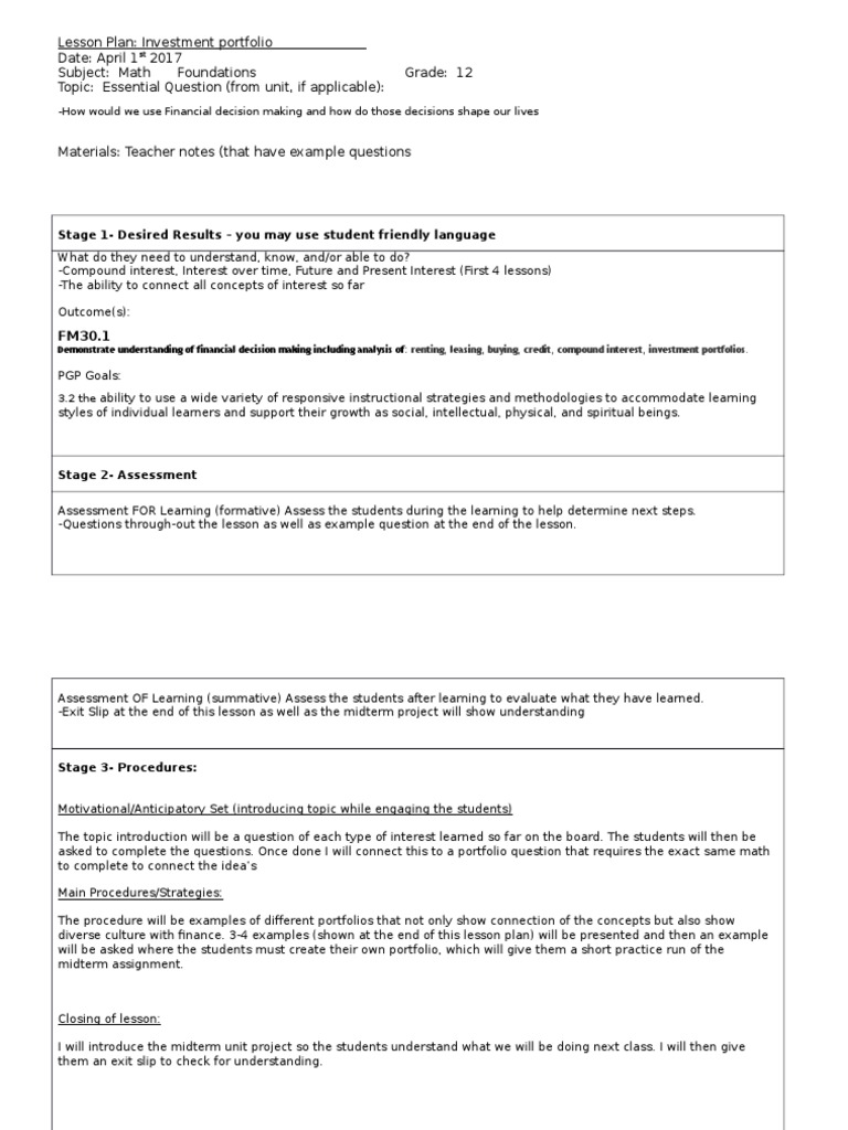Investment Portfolio Lesson Plan | PDF