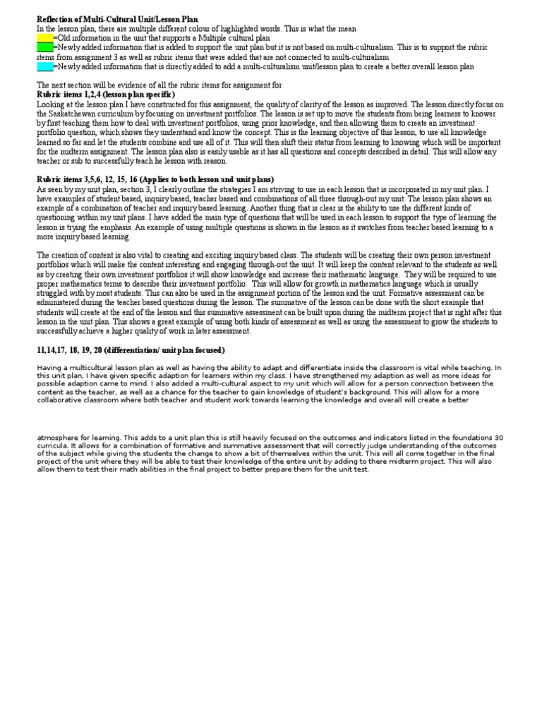 Reflection of Multi-Cultural Unit/Lesson Plan | PDF | Lesson Plan ...