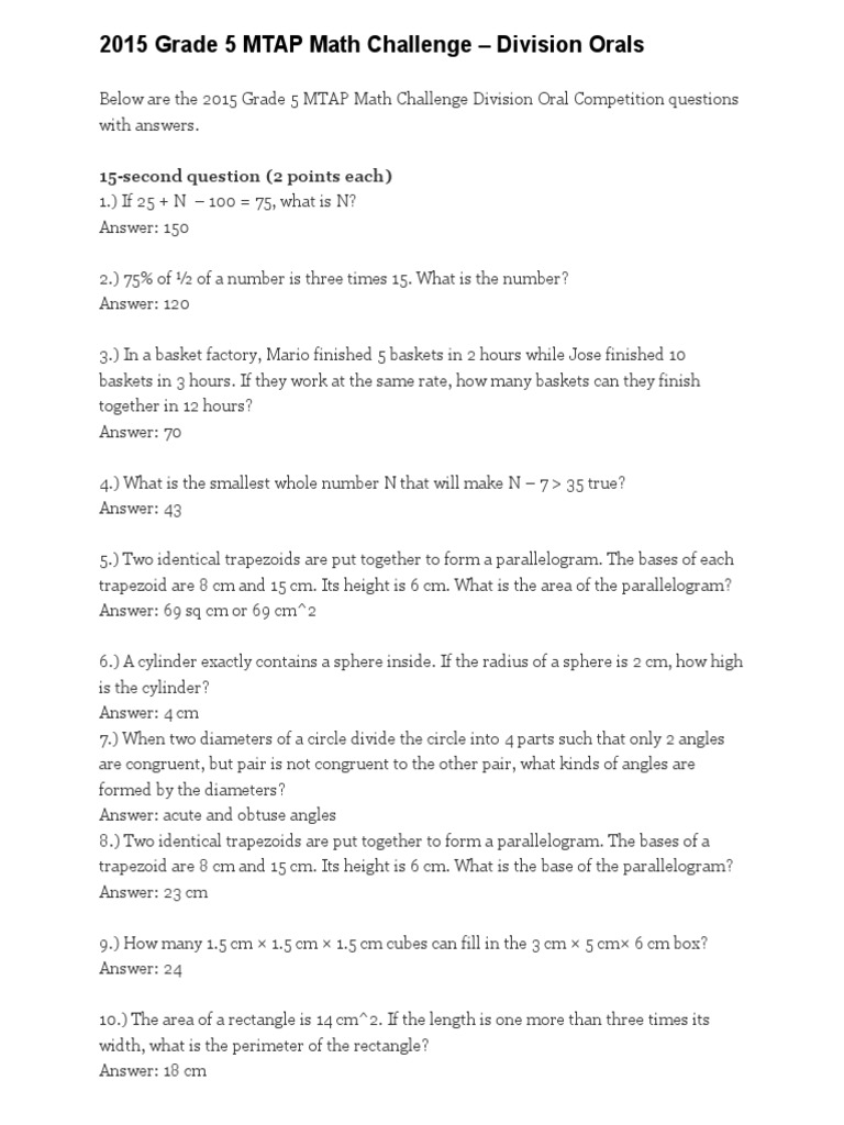 2015 Grade 5 MTAP Math Challenge - Division Orals | PDF | Area | Rectangle