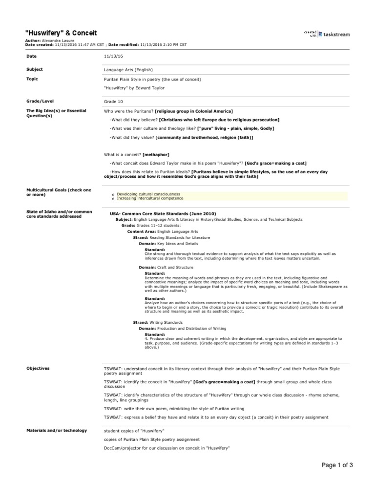 Huswifery Lesson For Practicum | PDF | Puritans | Poetry