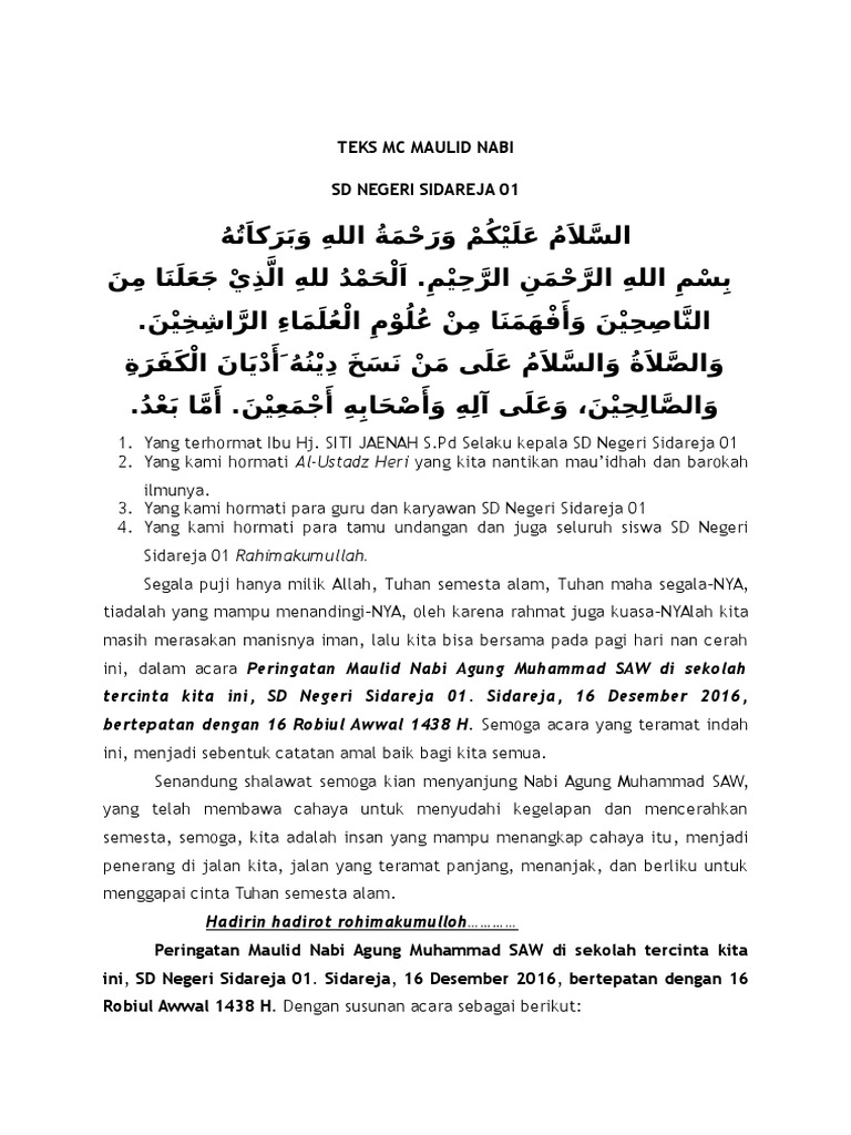 Teks MC Maulid Nabi SDN Sidareja 01 | PDF