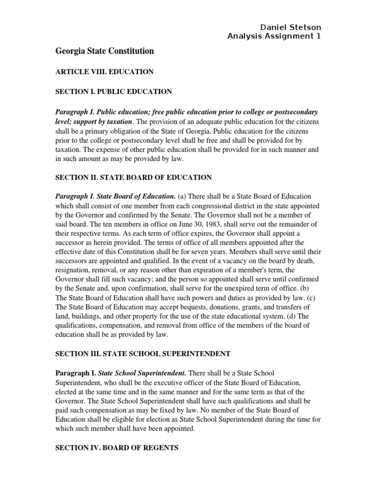 Georgia State Constitution: Daniel Stetson Analysis Assignment 1 | PDF ...