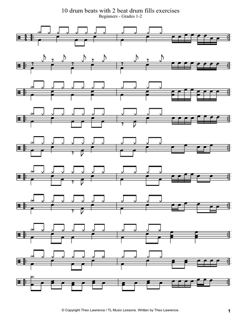 10 Drum Beats 2 Beat Drum Fills Exercises Grade 1 2 | PDF | Patent | Entertainment (General)