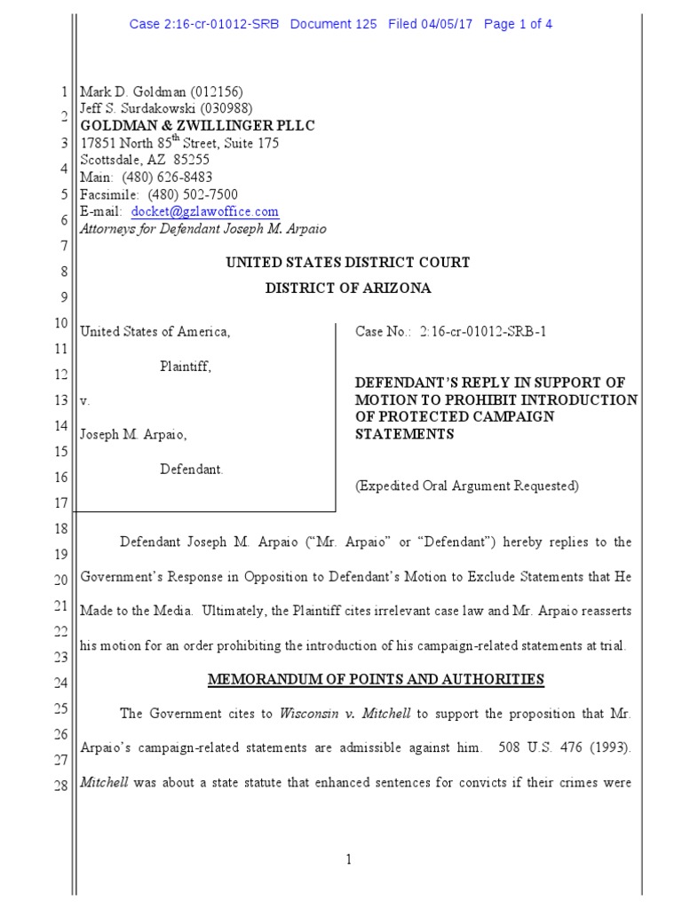 USA V Arpaio #125 Arpaio REPLY Re Motion To Exclude Campaign Statements ...