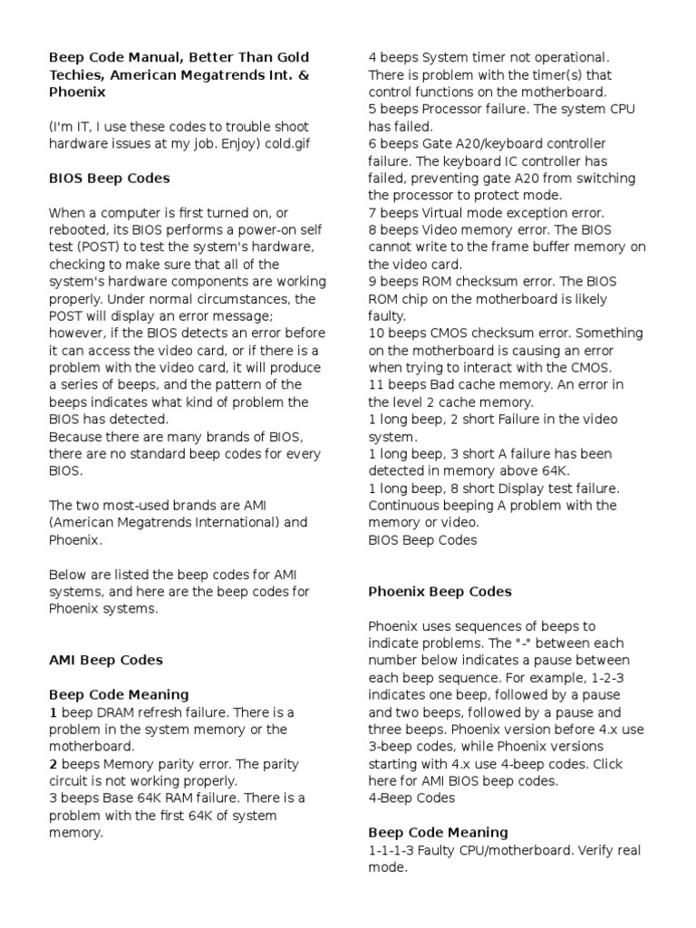 Beep Code Manual | PDF | Bios | X86 Architecture
