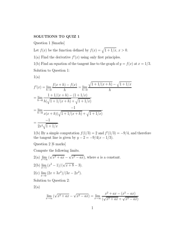 Sample Quiz 1 | PDF | Tangent | Mathematical Analysis