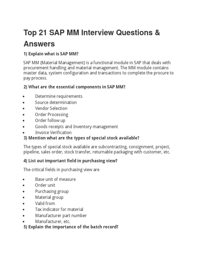 Top 21 SAP MM Interview Questions | PDF | Invoice | Sap Se
