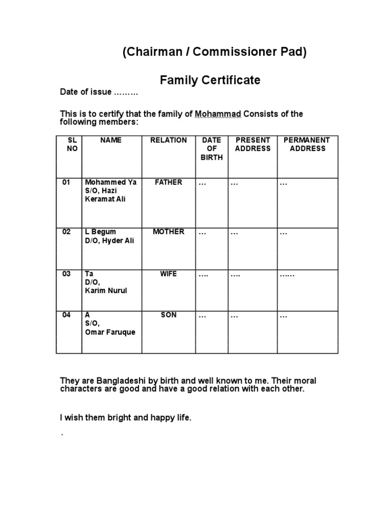 (Chairman / Commissioner Pad) Family Certificate: SL Name Relation Date ...