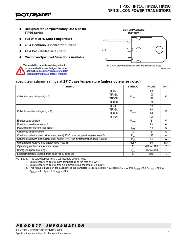 Bourns TIP35 S Datasheet | PDF | Bipolar Junction Transistor ...