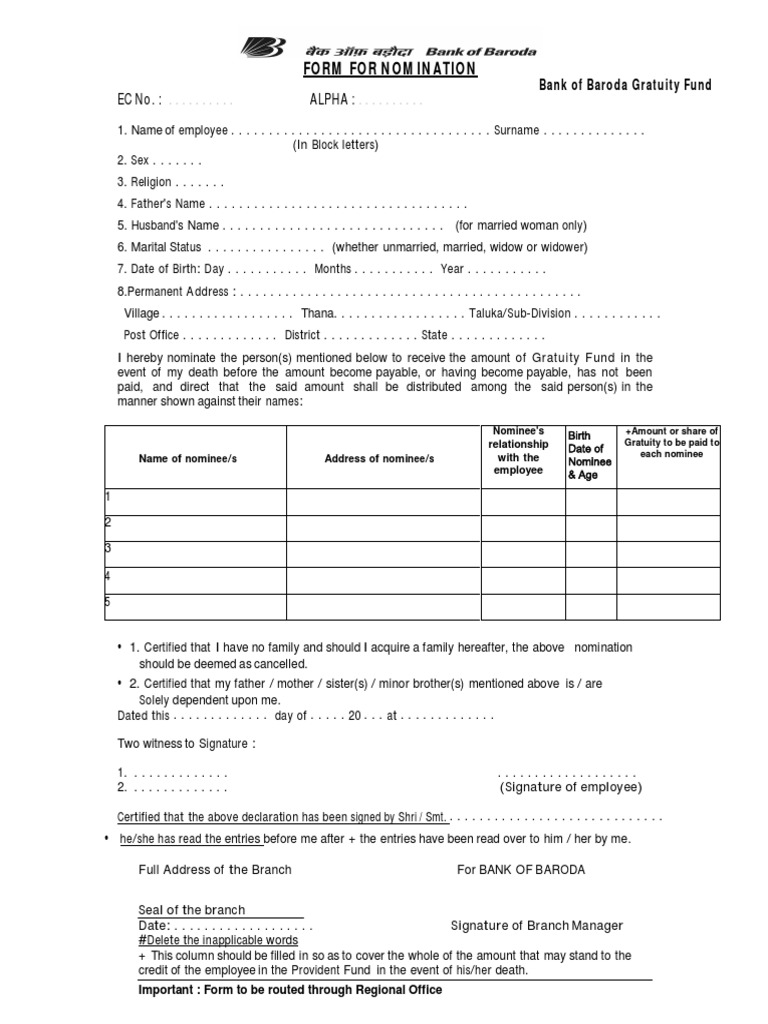 Form For Making Nomination in Gratuity | PDF | Social Institutions ...