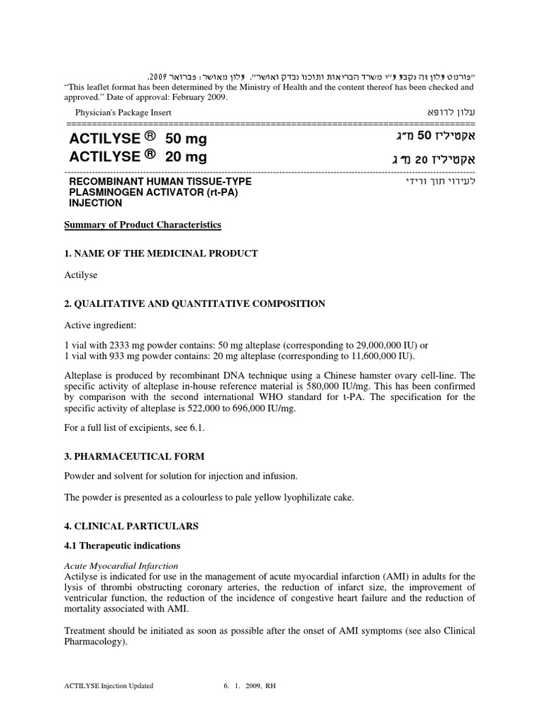 Actilyse ® 50 MG Actilyse ® 20 MG: Acute Myocardial Infarction | PDF ...