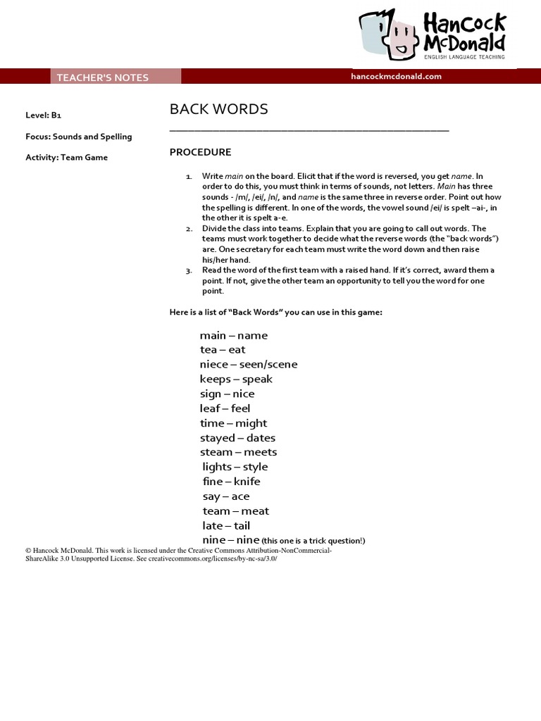 Back Words | PDF | Languages | Language Arts & Discipline