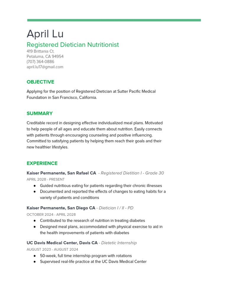 Resume and Reflection | PDF | Dietitian | Health Care