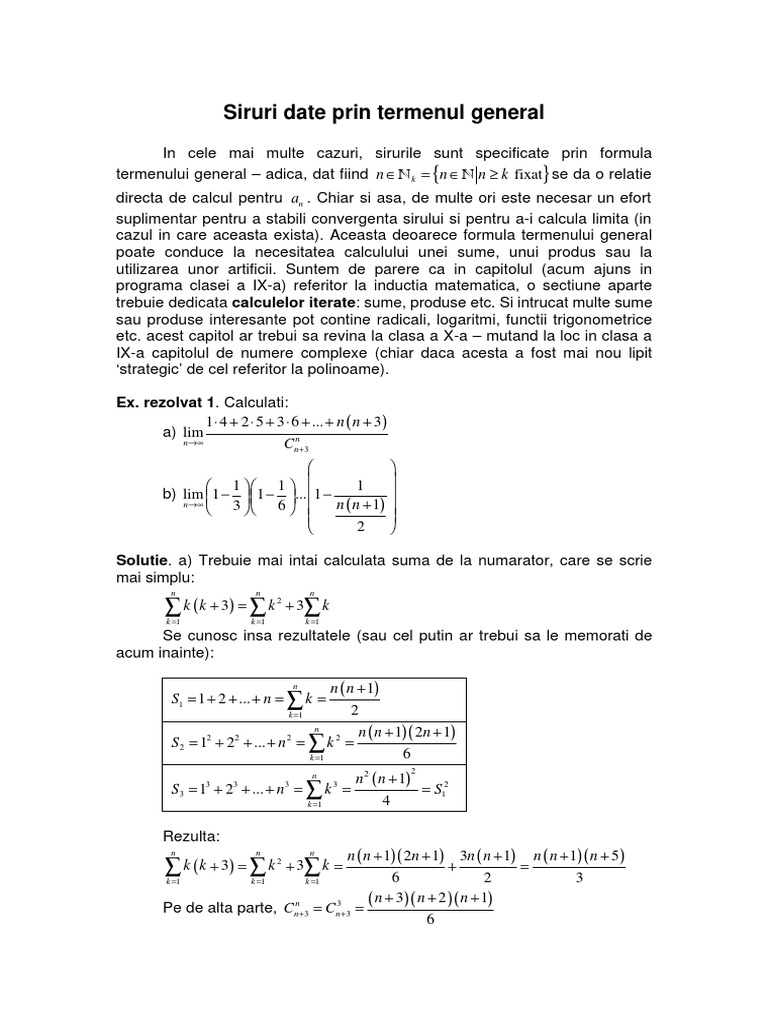 Siruri Calculul Limitelor Sirurilor Date Prin Termenul General PDF | PDF