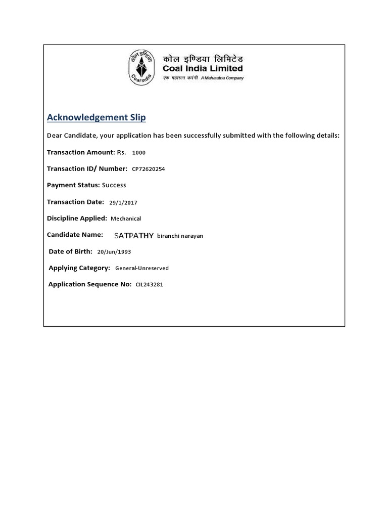 Acknowledgement Slip: Dear Candidate, Your Application Has Been ...